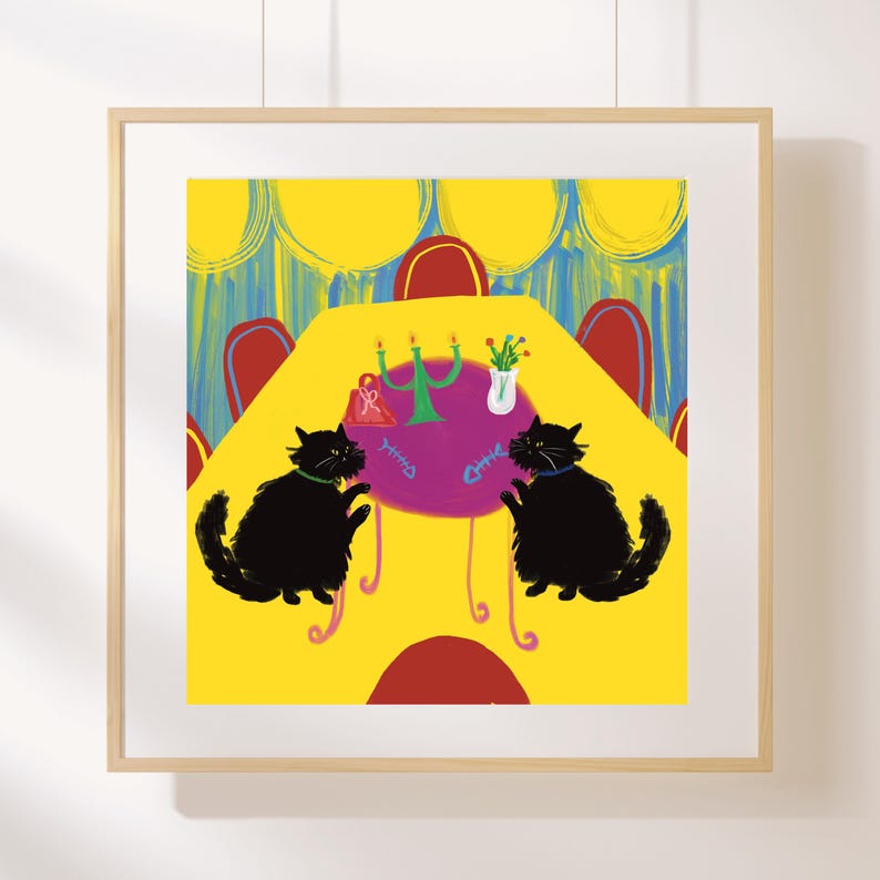 Whimsical Black Cats Dinner Art Print, Colorful Dining Table ...