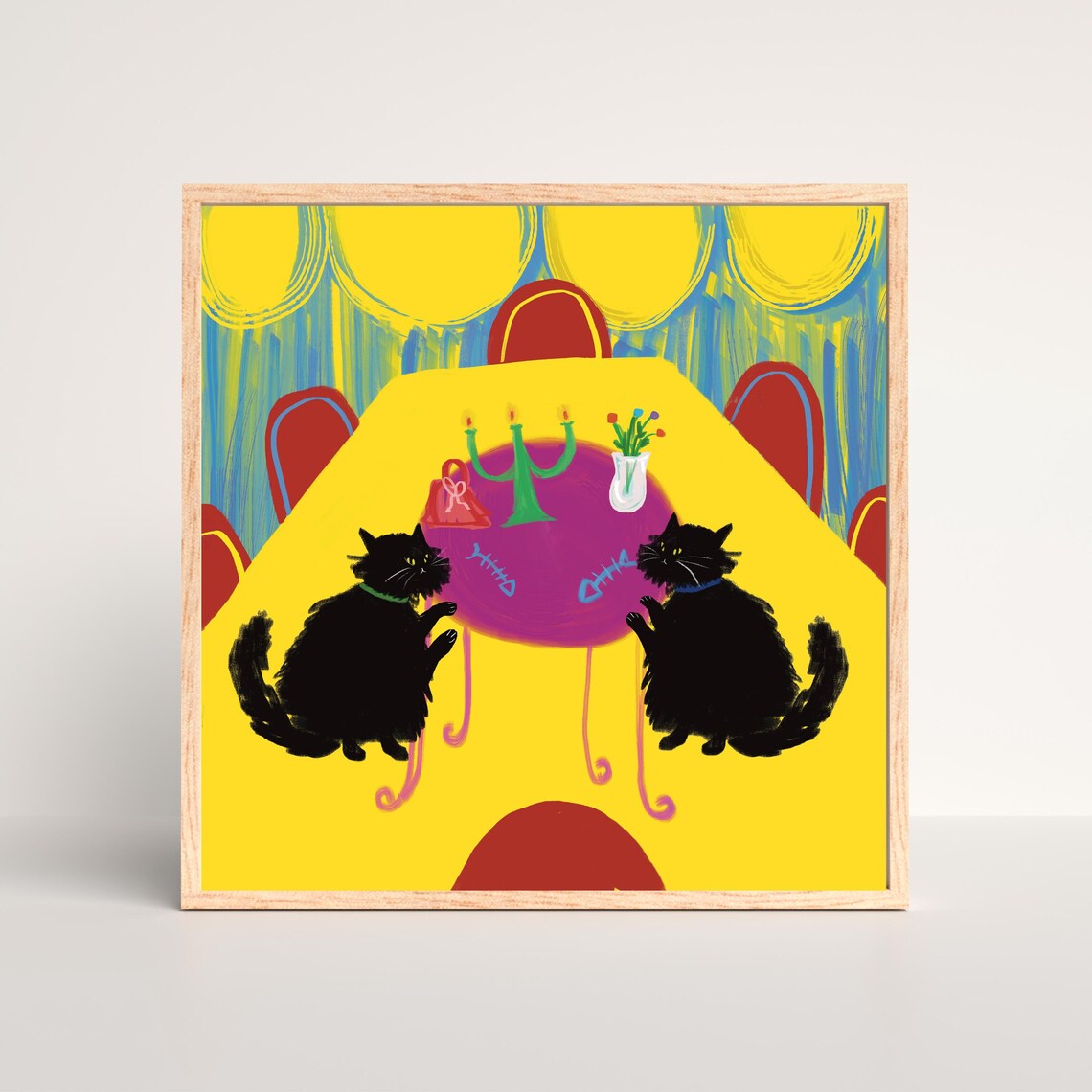 Whimsical Black Cats Dinner Art Print, Colorful Dining Table ...