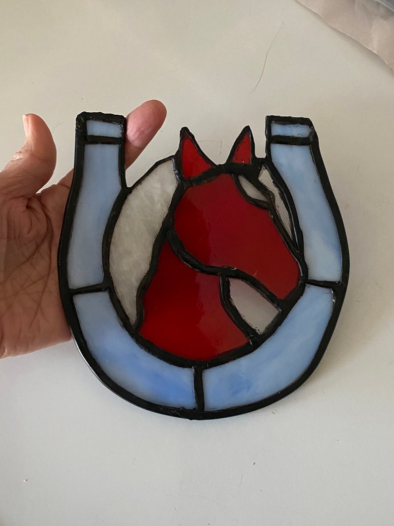Stained Glass Horse in a Horseshoe | Horse Suncatcher | Horse in ...