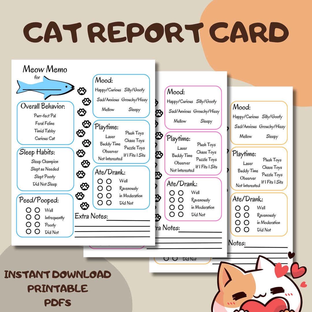 Cat Report Card Printable PDF Sheets 8.5 X 11 Size Pet Sitting ...
