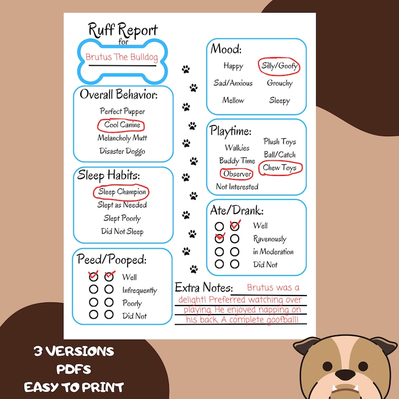 Dog Report Card | Printable PDF Sheets 8.5 X 11 Size | Pet Sitting, Boarding Papers | 3 Versions ...