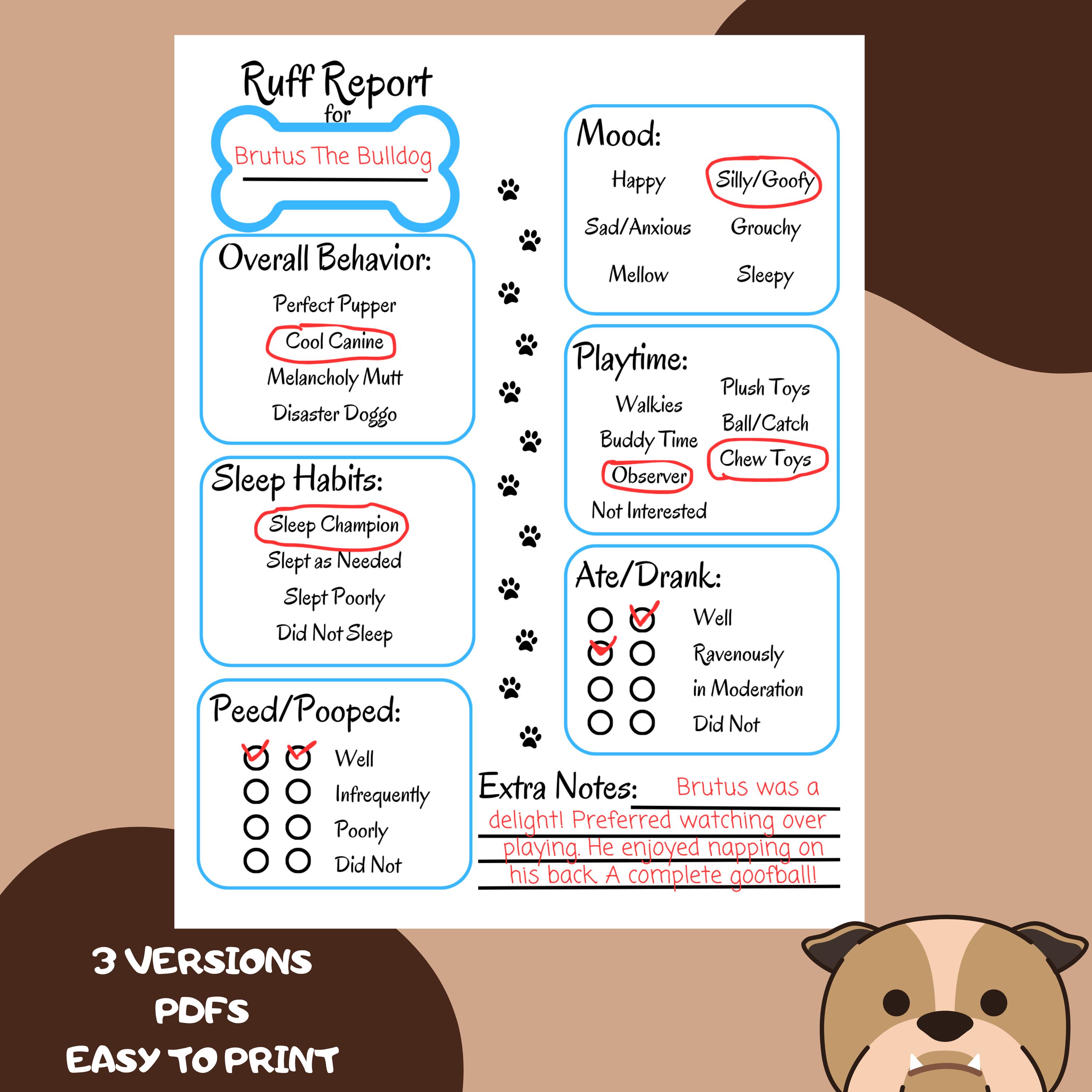 Dog Report Card | Printable PDF Sheets 8.5 X 11 Size | Pet Sitting ...