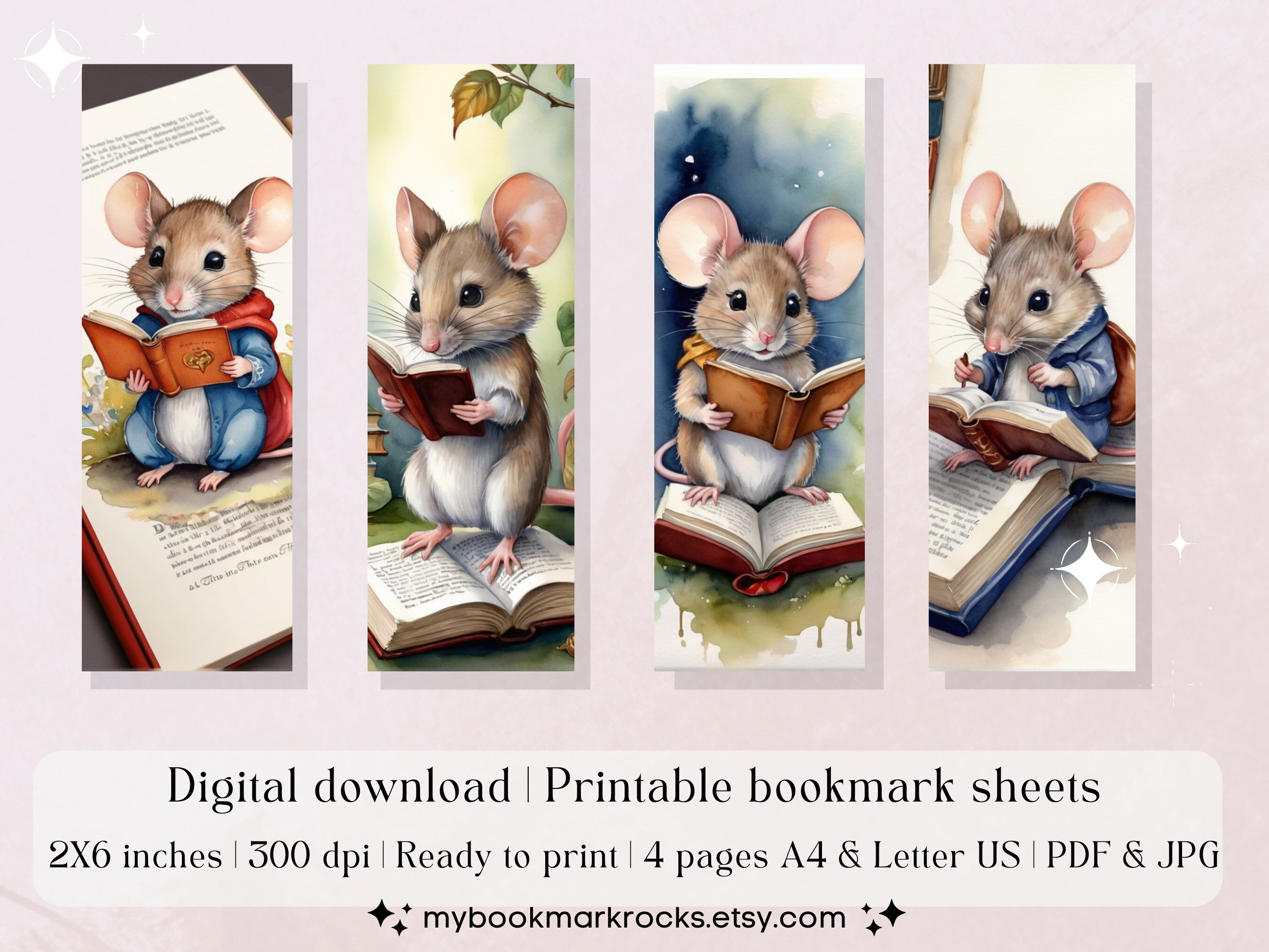 Set of 16 Watercolor "cute Mouse & Books" Printable Bookmarks, Animal ...