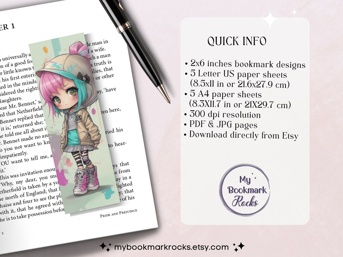 Set of 20 chibi Pastel Graffiti Girl Printable Bookmarks, High-quality ...
