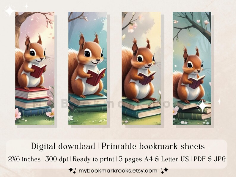 Set of 20 "squirrel in Spring" Printable Bookmarks, Spring Designs ...