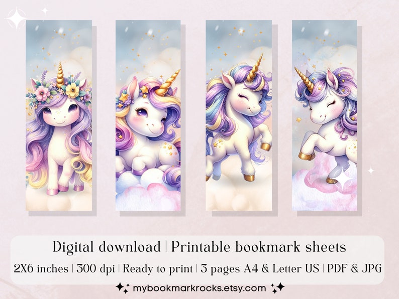 Set of 12 Pastel "cute Unicorns" Printable Bookmarks, Unicorn Designs ...