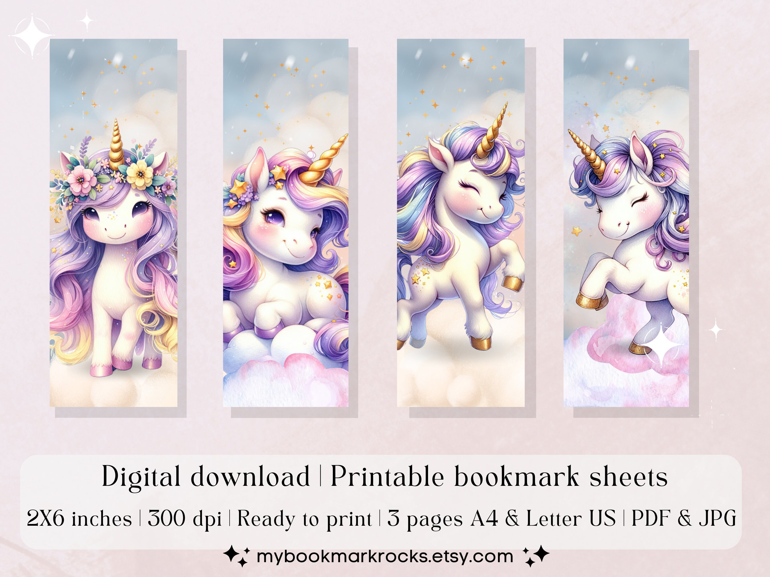 Set of 12 Pastel "cute Unicorns" Printable Bookmarks, Unicorn Designs ...