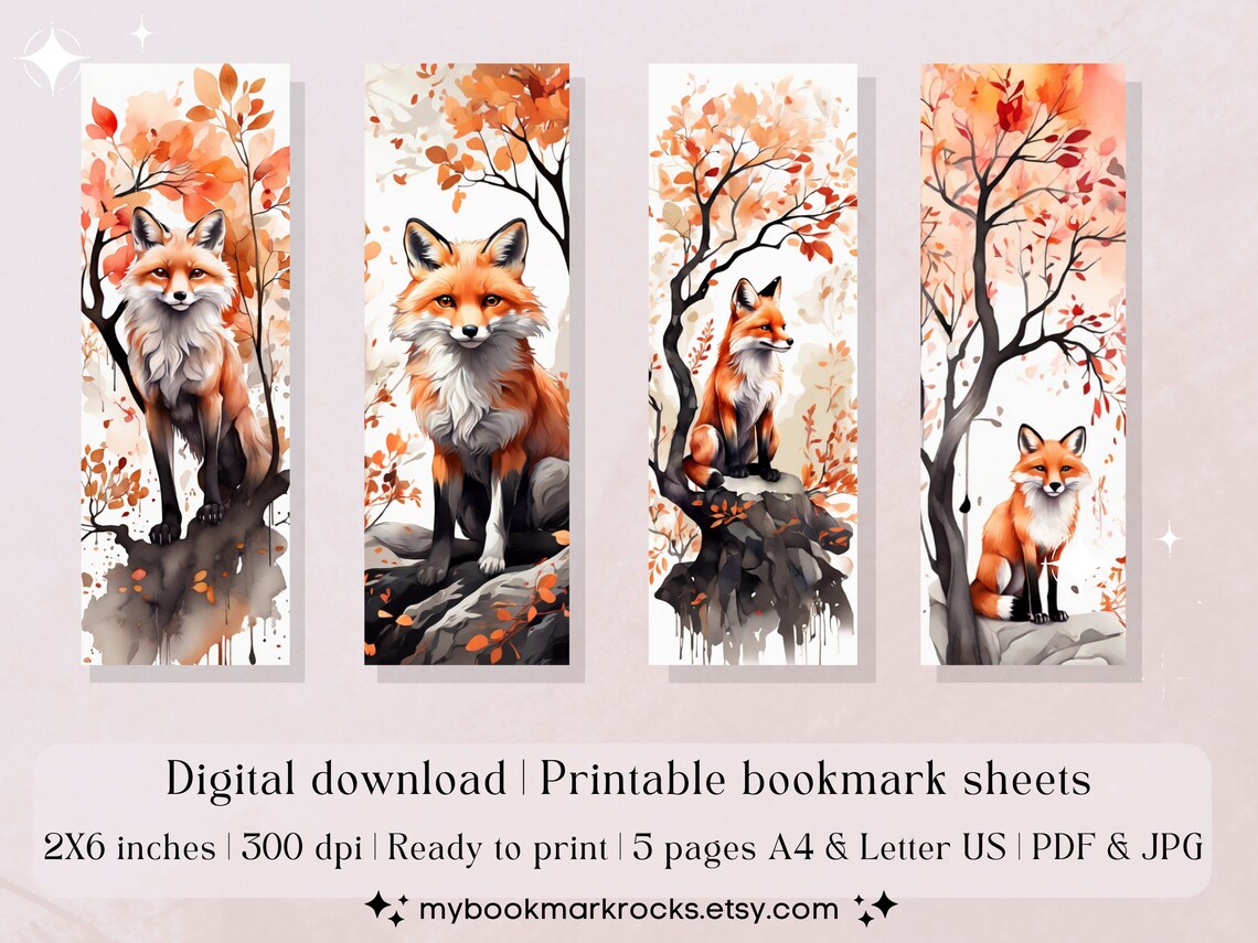 Set of 20 Watercolor "fox in Autumn" Printable Bookmarks, Fall ...