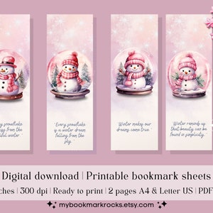Set of 8 Pink Snow Globe Printable Bookmarks Christmas Bookmarks High ...