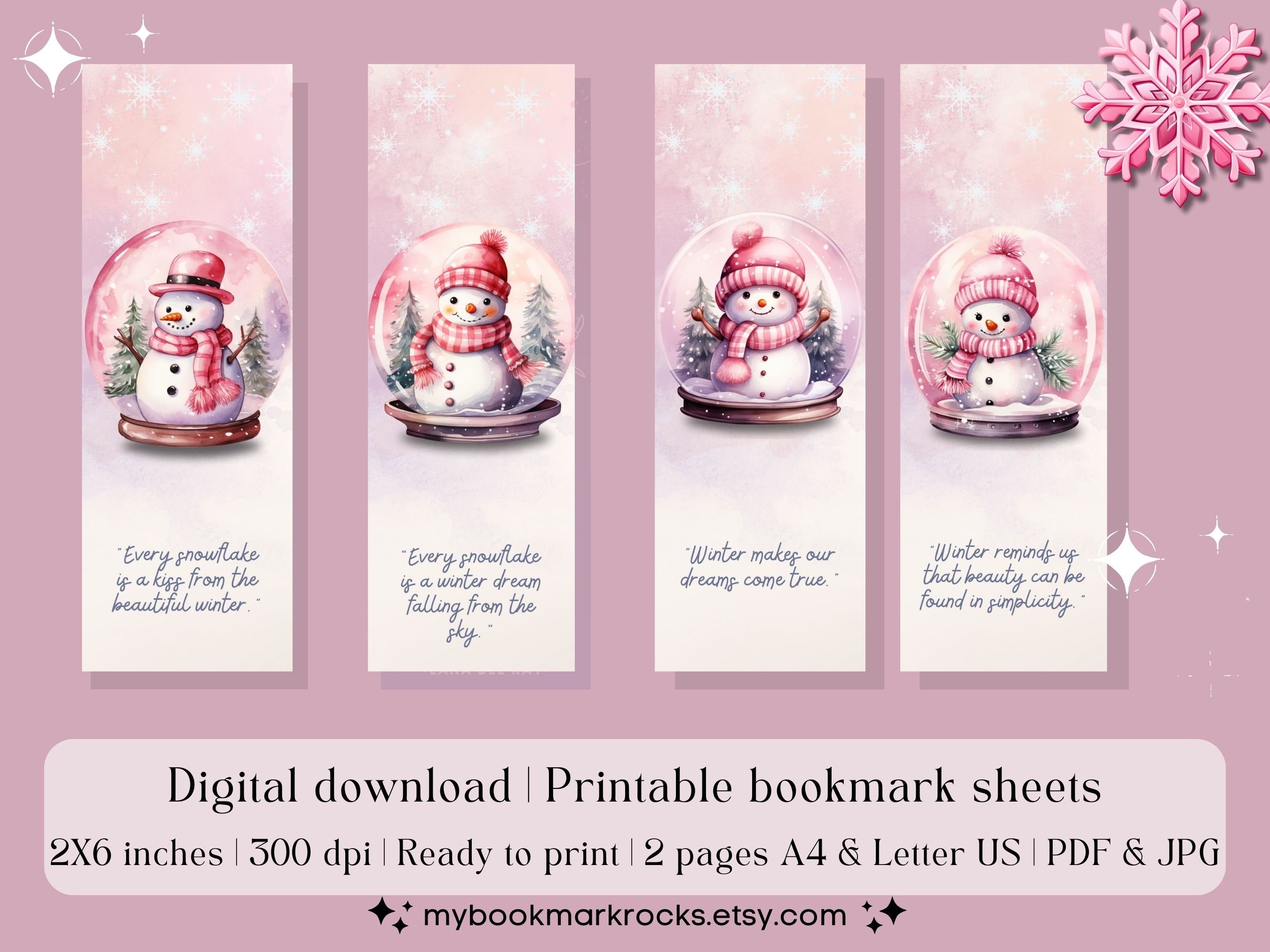 Set of 8 Pink Snow Globe Printable Bookmarks Christmas Bookmarks High ...