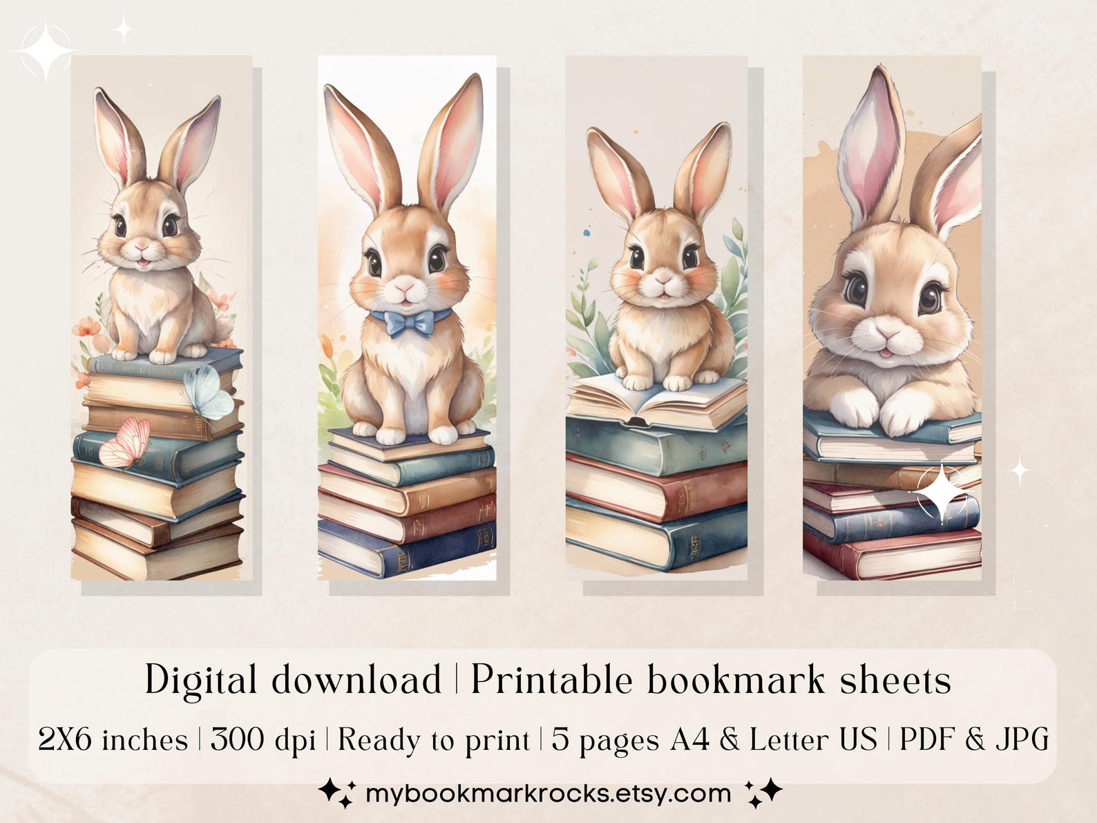 Set of 20 Watercolor "bunny & Books" Printable Bookmarks, Cute Bunny ...