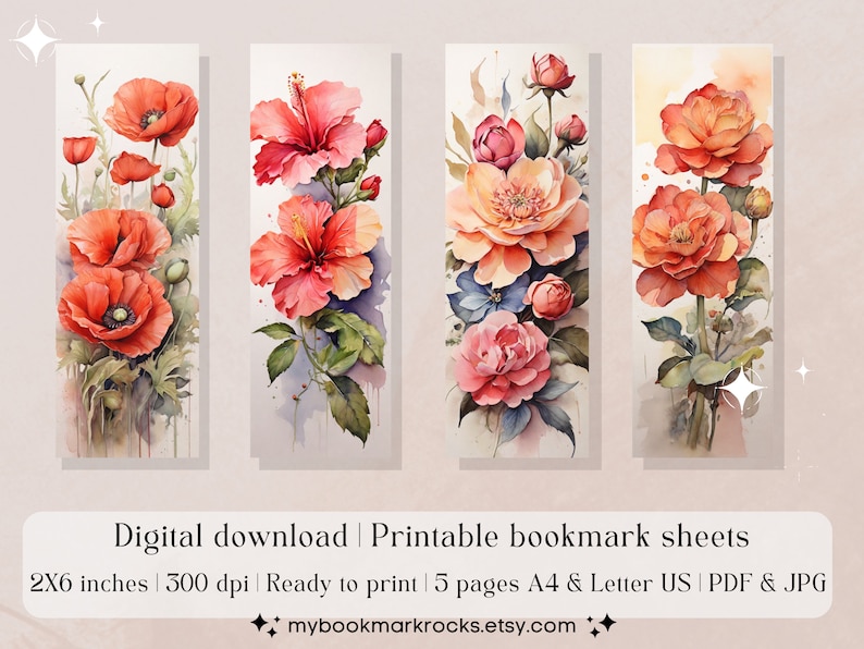 Set of 20 Watercolor "flowers" Printable Bookmarks, Botanical Bookmarks ...