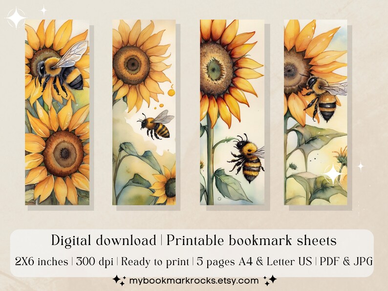 Set of 20 Watercolor "sunflowers & Bees" Printable Bookmarks, Cute ...