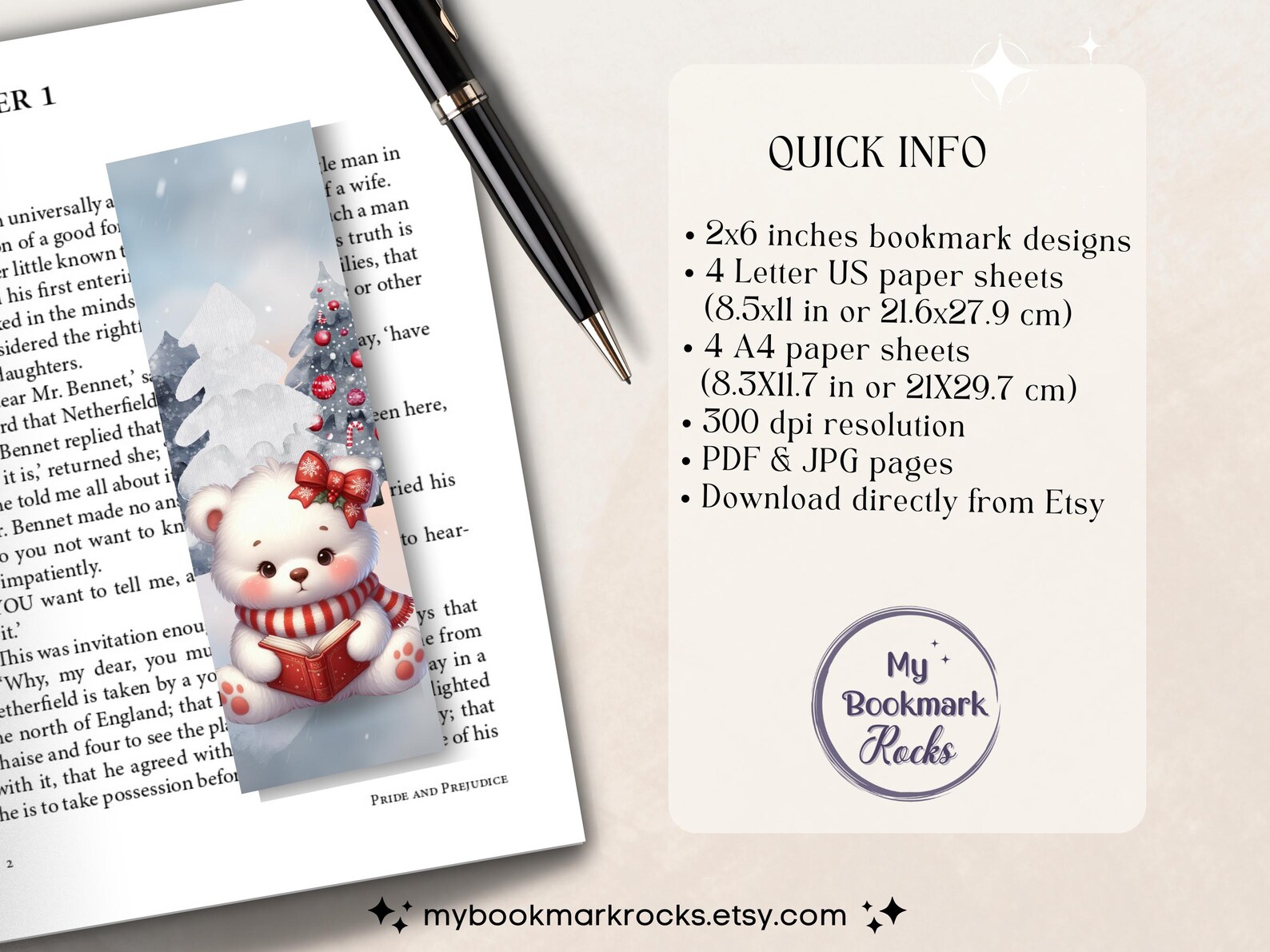 Set of 16 "christmas Polar Bear" Printable Bookmarks, Christmas Designs ...