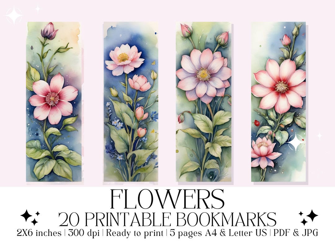 Set of 20 Watercolor 'flowers' Printable Bookmarks, Floral Bookmarks ...
