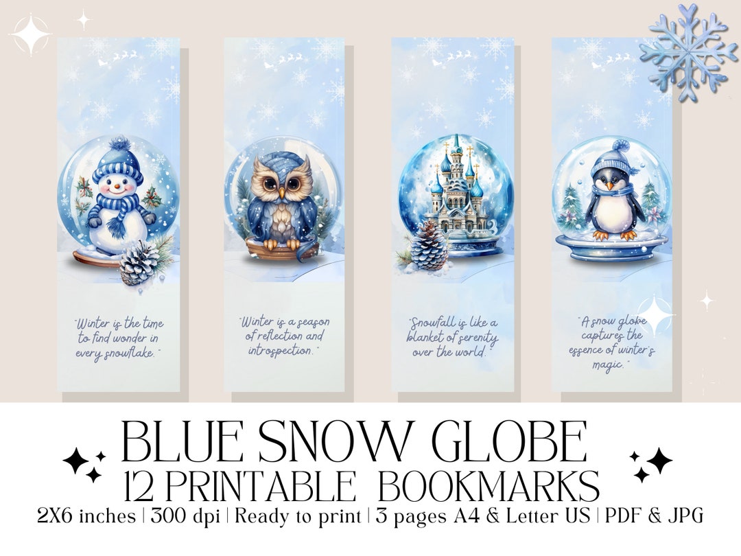 Set of 12 Blue Snow Globe Printable Bookmarks | Christmas Bookmarks ...
