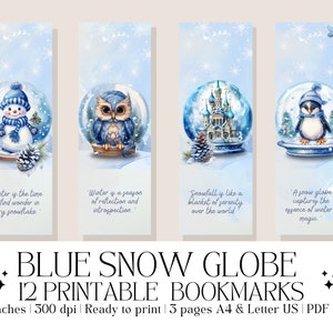 Set of 12 Blue Snow Globe Printable Bookmarks | Christmas Bookmarks ...