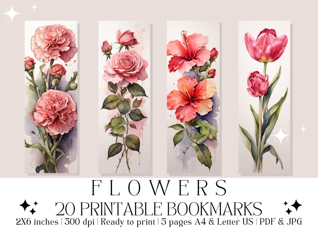 Set of 20 Watercolor "flowers" Printable Bookmarks, Botanical Bookmarks ...