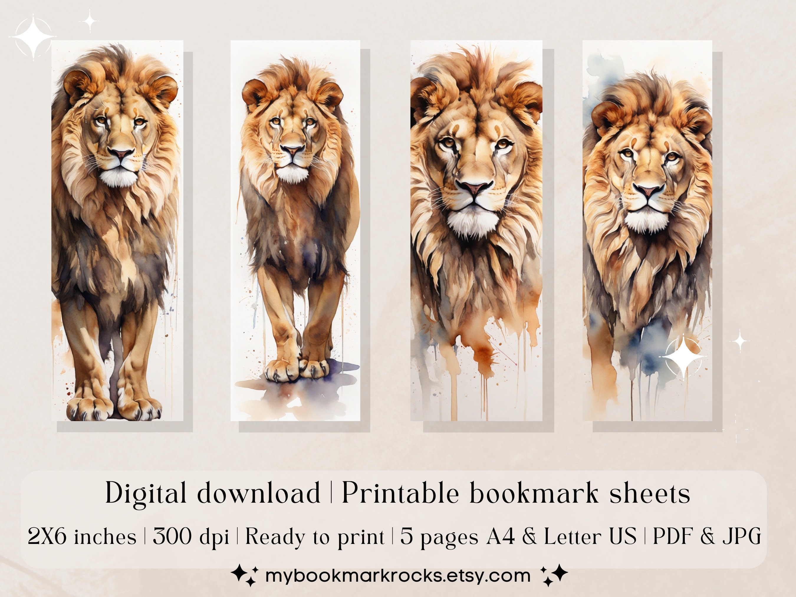 Set of 20 Watercolor "majestic Lions" Printable Bookmarks, Animal ...