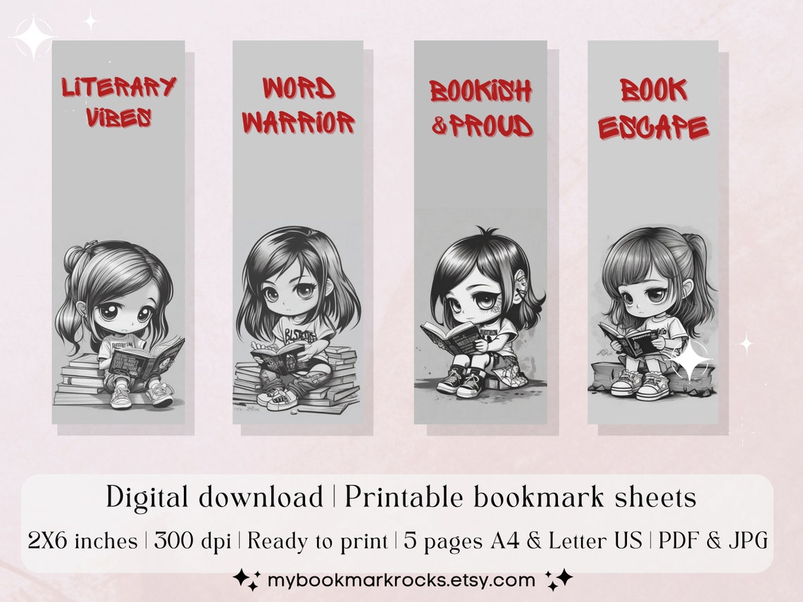 Set of 20 Kawaii "chibi Girl Reader" Printable Bookmarks, Kawaii Style ...