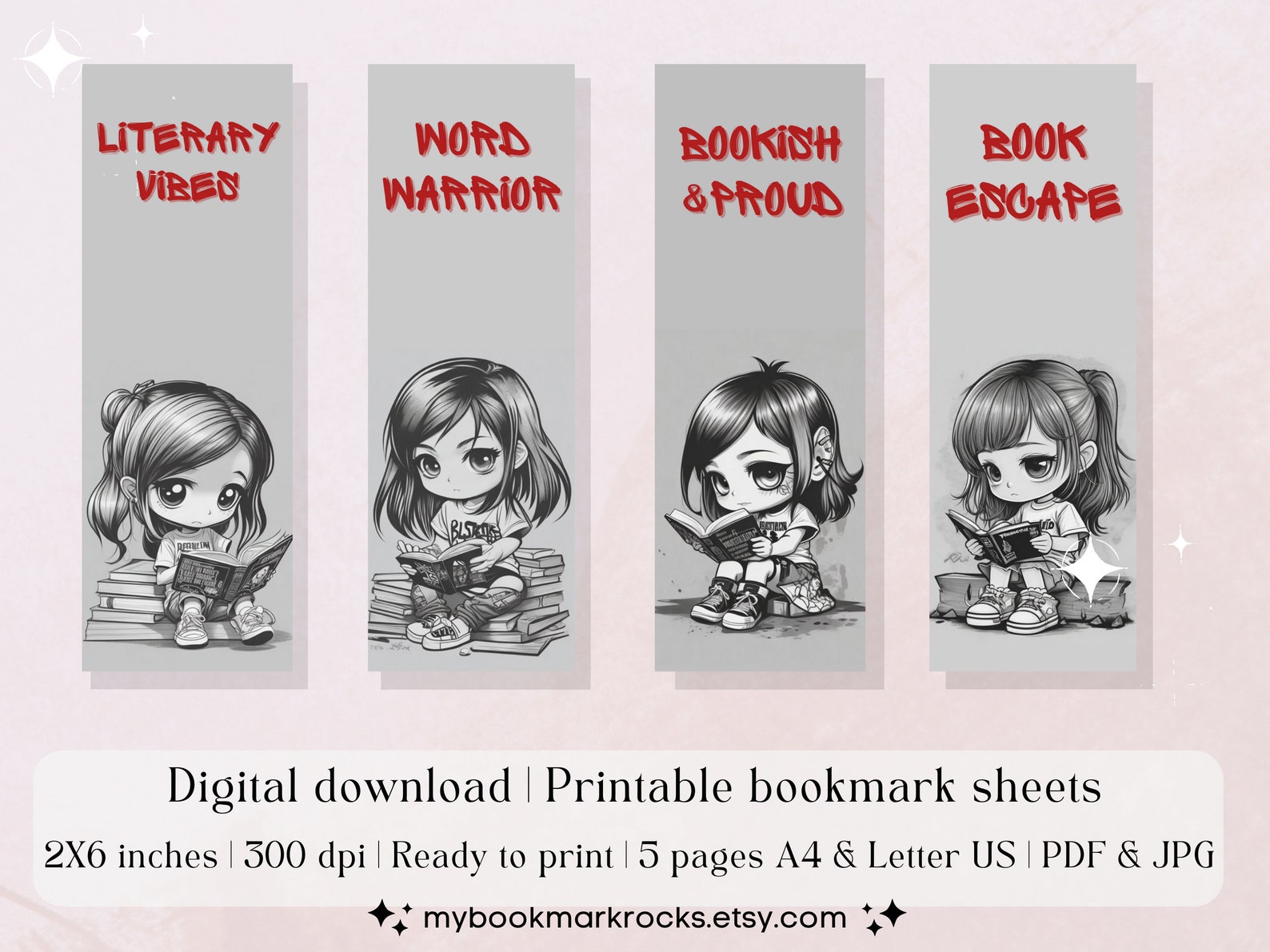 Set of 20 Kawaii "chibi Girl Reader" Printable Bookmarks, Kawaii Style ...