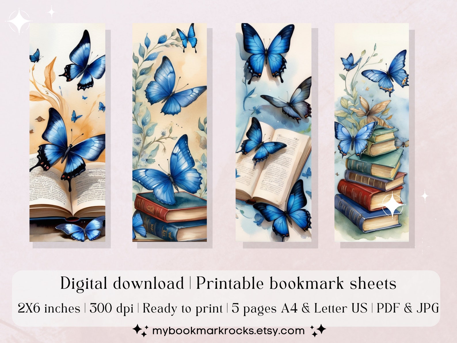 Set of 20 Watercolor "blue Butterfly" Printable Bookmarks, Book Lover's ...