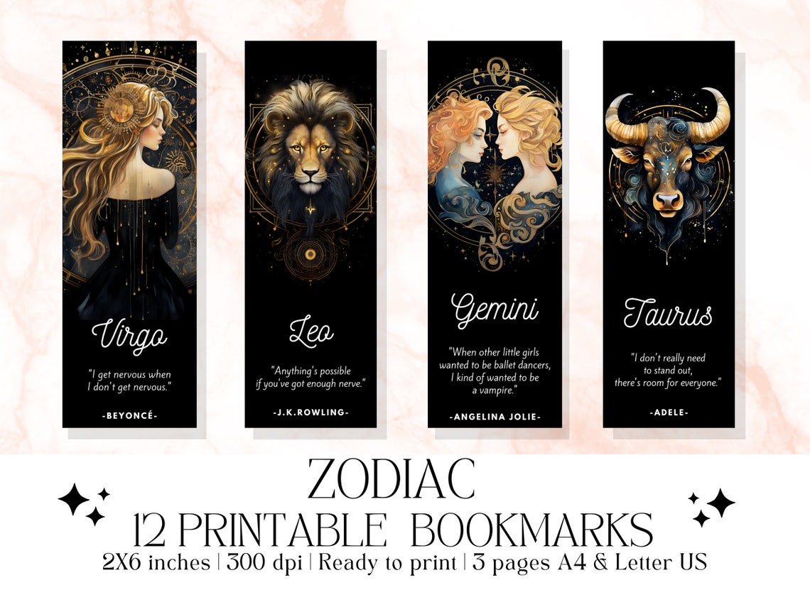 Zodiac Printable Bookmarks Set of 12 Bookmarks Print and Cut Bookmark ...
