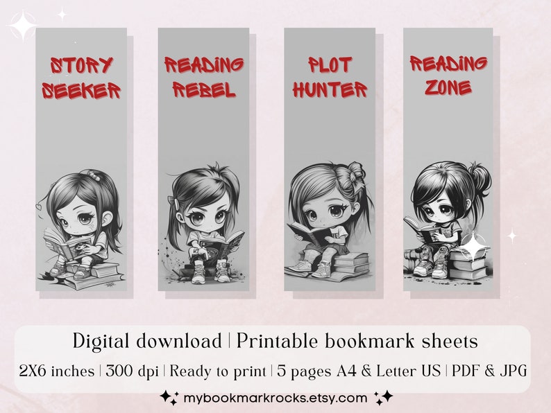 Set of 20 Kawaii "chibi Girl Reader" Printable Bookmarks, Kawaii Style ...
