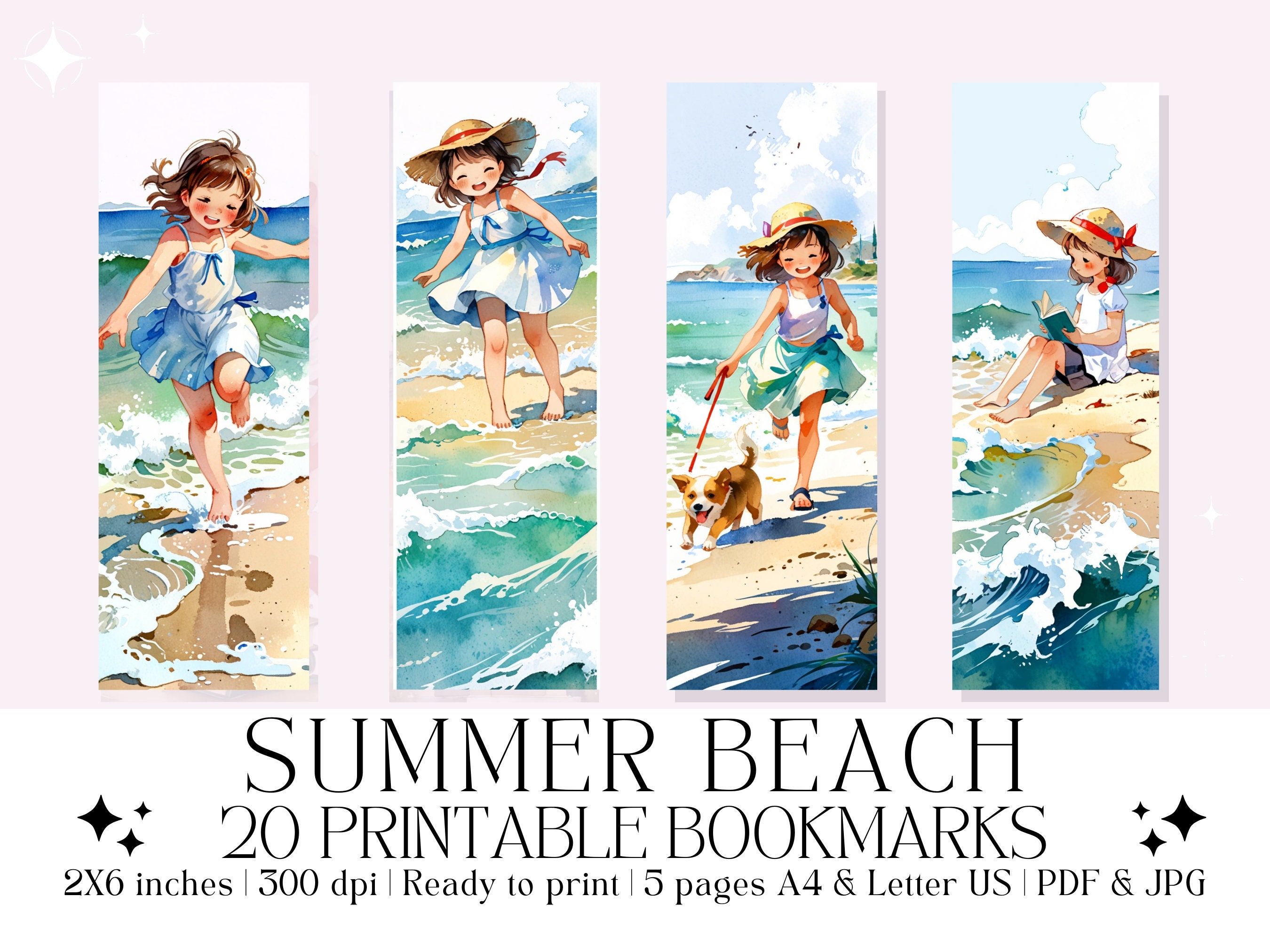 Set of 20 Watercolor "summer Beach" Printable Bookmarks, High-quality ...