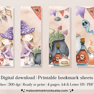 Set of 16 halloween Printable Bookmarks, Reading Bookmarks, Watercolor ...