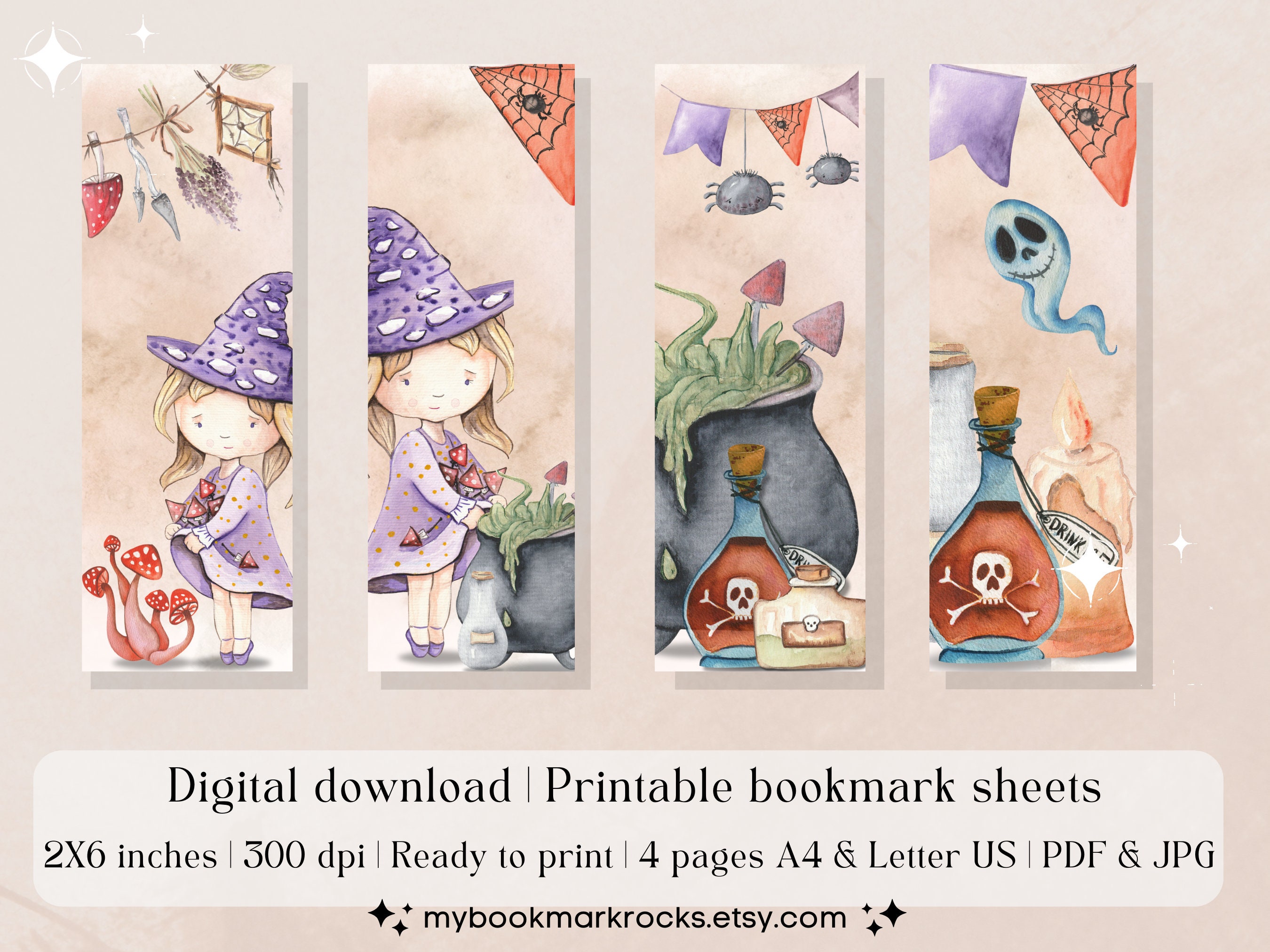 Set of 16 halloween Printable Bookmarks, Reading Bookmarks, Watercolor ...