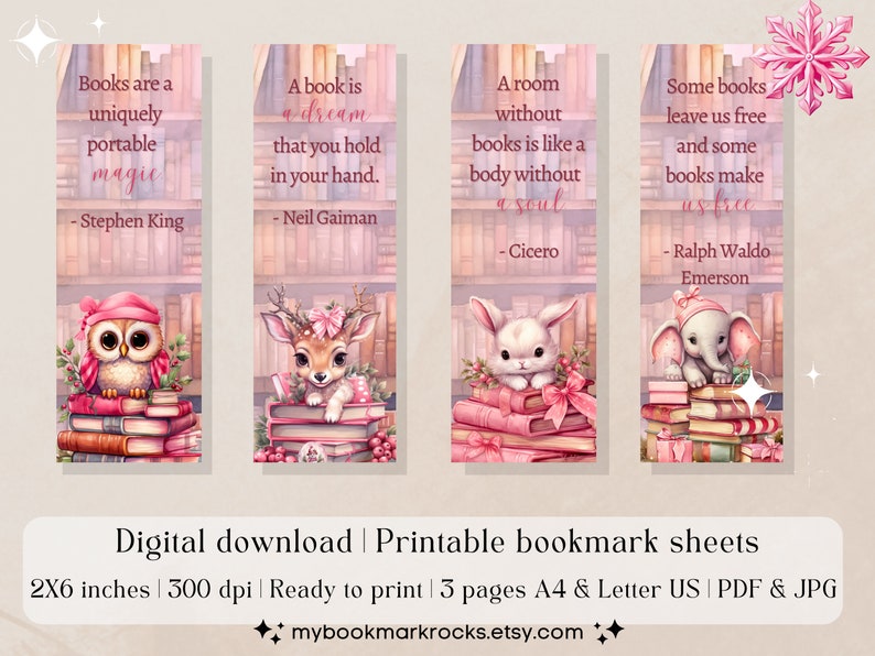 Set of 12 "cute Animals & Books" Printable Bookmarks, Christmas ...