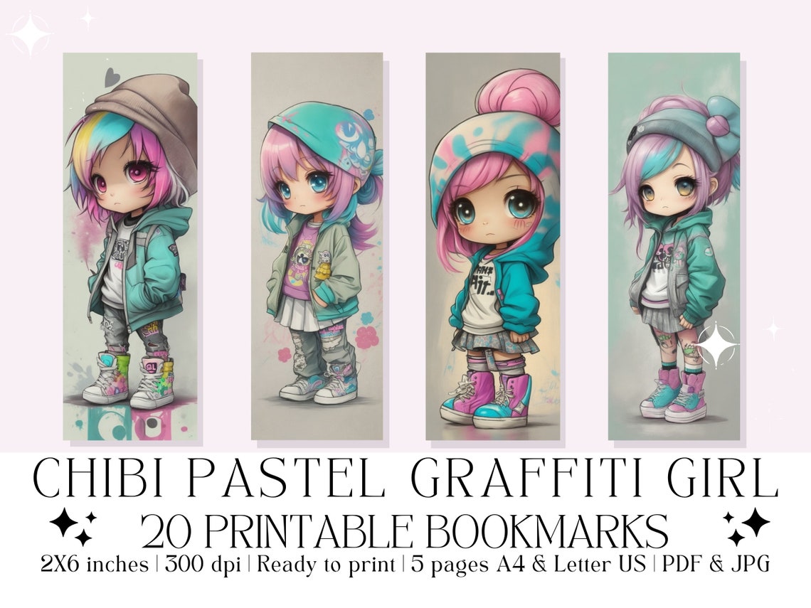 Set of 20 chibi Pastel Graffiti Girl Printable Bookmarks, High-quality ...