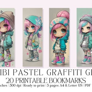 Set of 20 "chibi Pastel Graffiti Girl" Printable Bookmarks, High ...