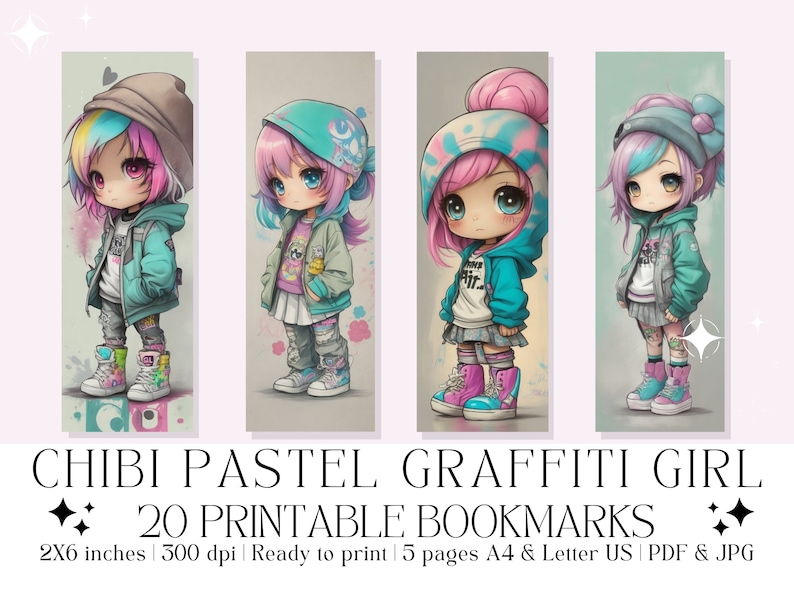 Set of 20 "chibi Pastel Graffiti Girl" Printable Bookmarks, High ...