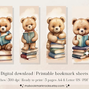 Set of 20 Watercolor "teddy Bear" Printable Bookmarks, Bookmarks for ...