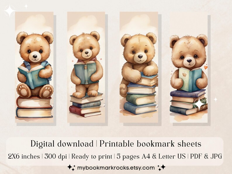 Set of 20 Watercolor "teddy Bear” Printable Bookmarks, High-quality PDF ...