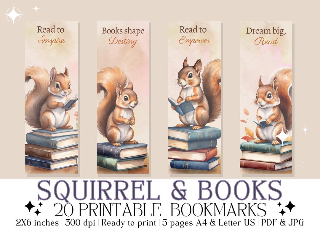 Set of 20 Watercolor "squirrel & Books" Printable Bookmarks, Animal ...