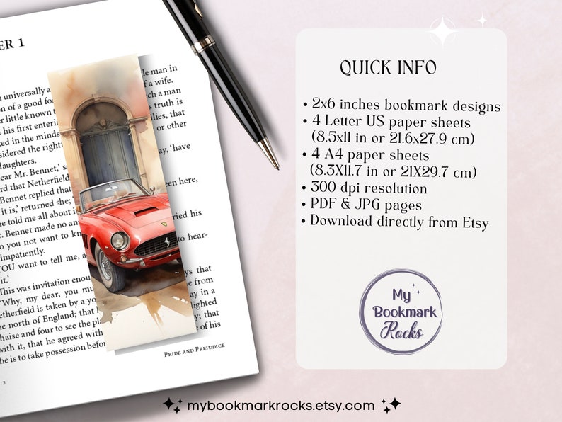 Set of 16 Watercolor "vintage Cars" Printable Bookmarks, Classic Car ...