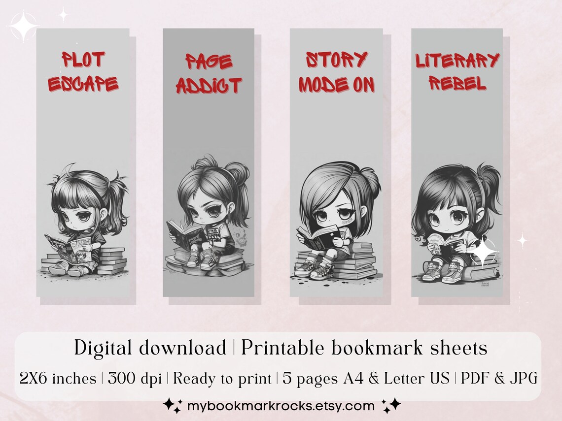 Set of 20 Kawaii "chibi Girl Reader" Printable Bookmarks, Kawaii Style ...