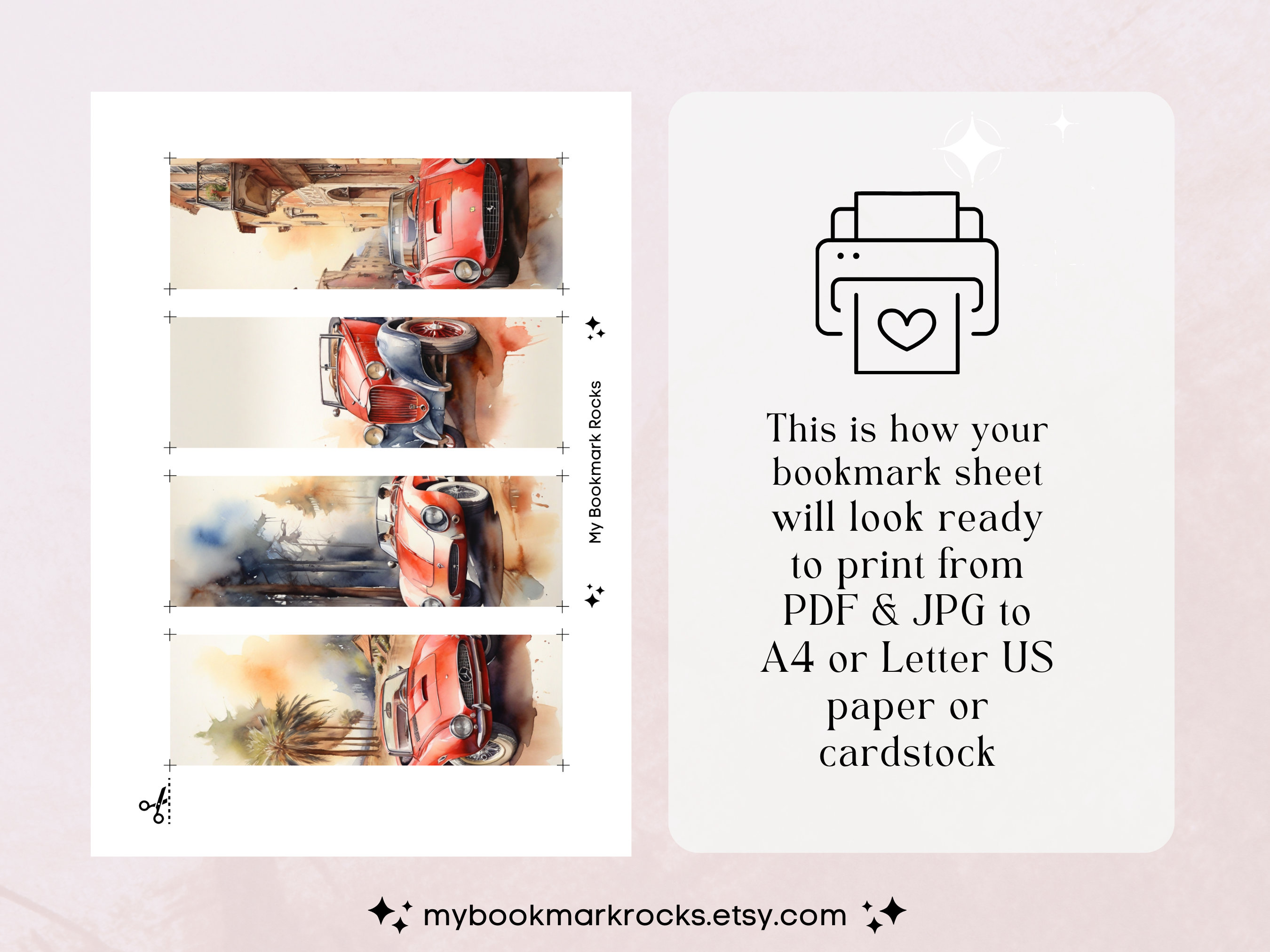 Set of 16 Watercolor "vintage Cars" Printable Bookmarks, Classic Car ...