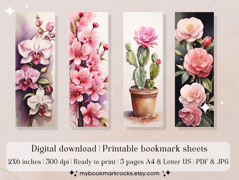 Set of 20 Watercolor "flowers" Printable Bookmarks, Botanical Bookmarks ...