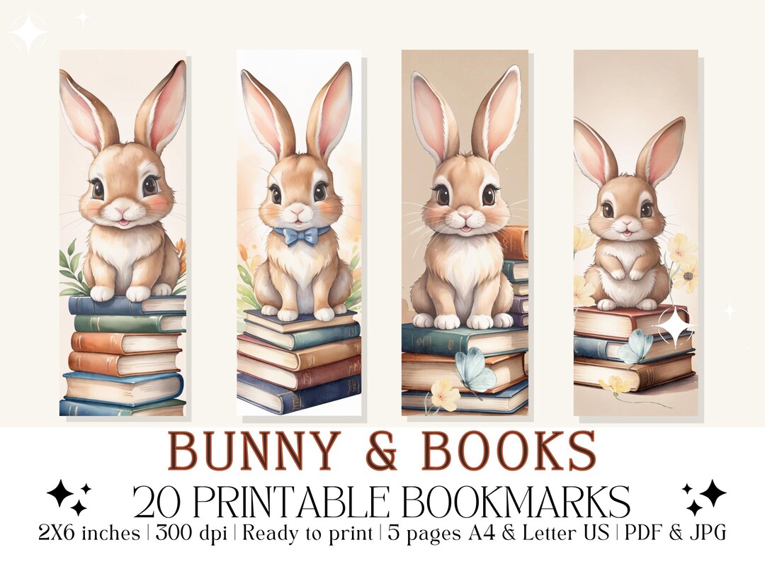 Set of 20 Watercolor "bunny & Books" Printable Bookmarks, Cute Bunny ...