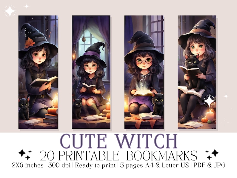 Set of 20 Watercolor cute Witch Printable Bookmarks, Halloween Bookmark ...