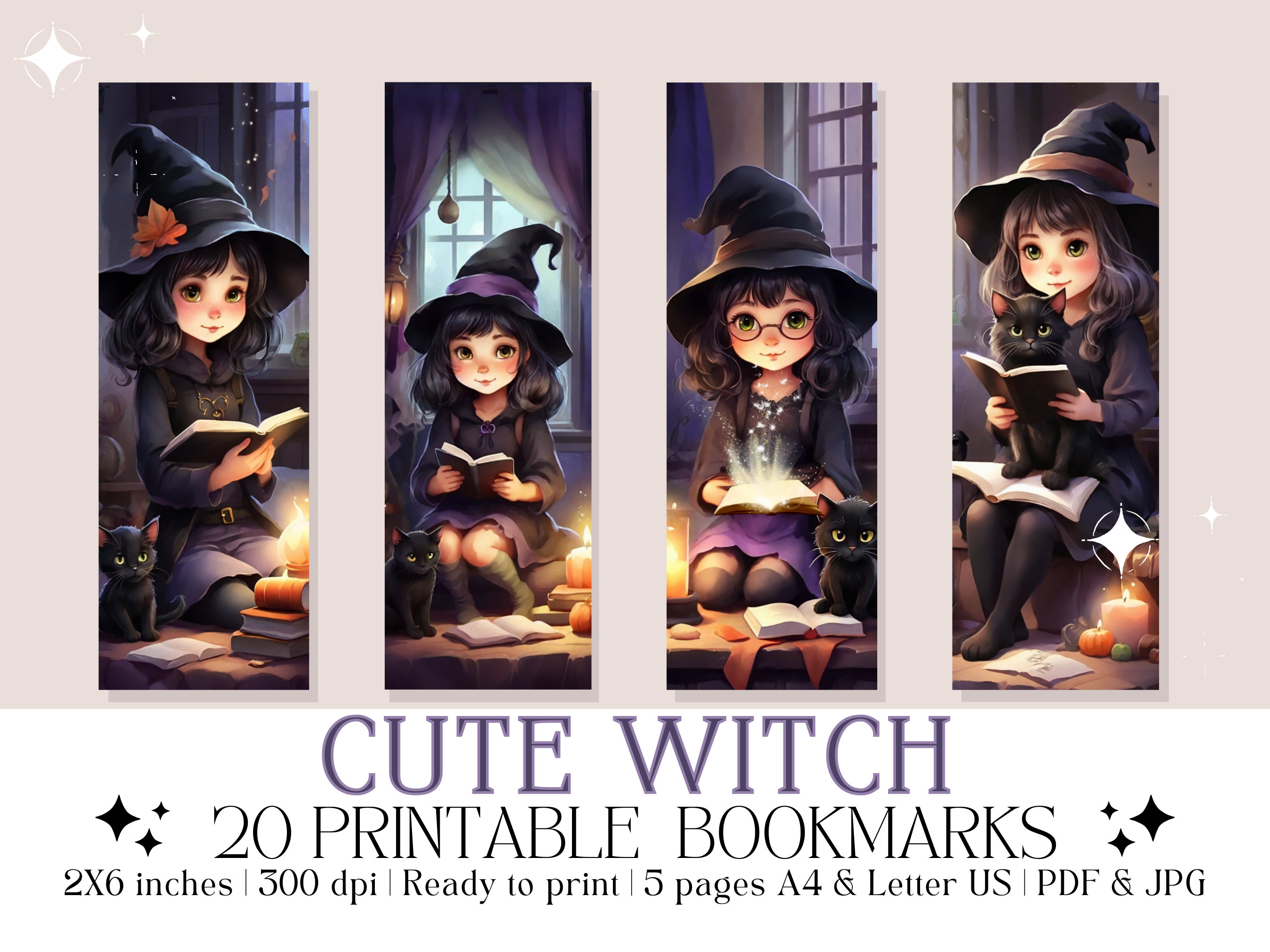 Set of 20 Watercolor "cute Witch" Printable Bookmarks, Halloween ...