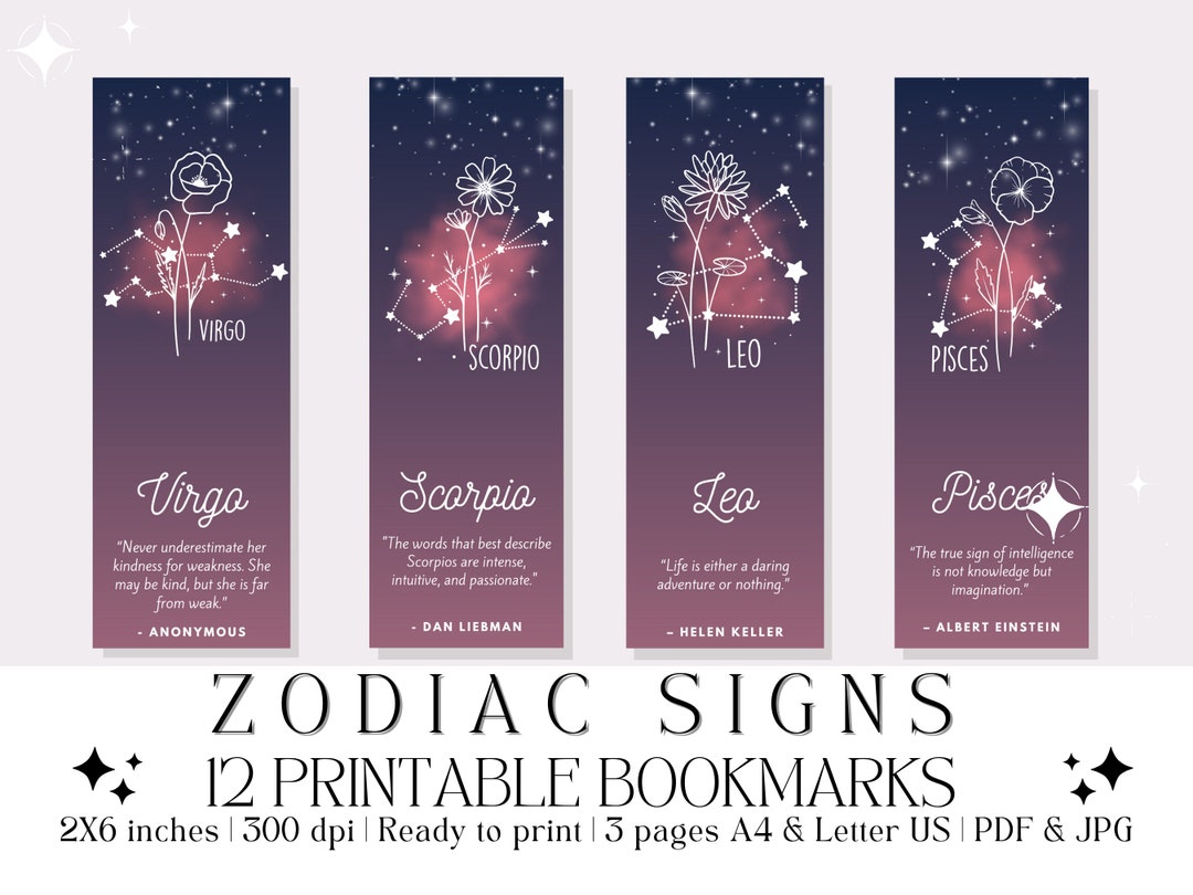 Set of 12 "zodiac Signs" Printable Bookmarks, Astrology Bookmarks ...