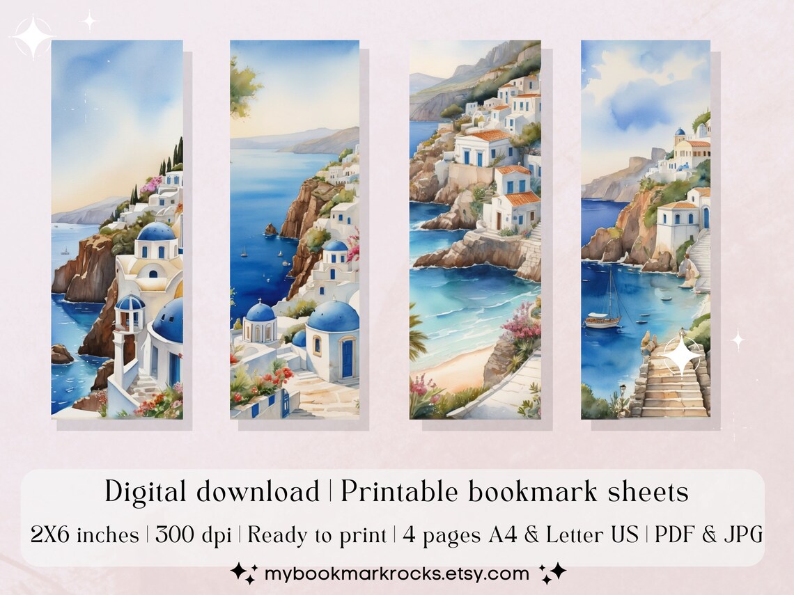 Set of 16 Watercolor greek Island Printable Bookmarks Digital Bookmarks ...