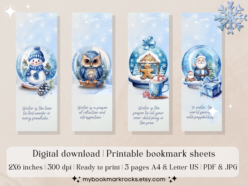 Set of 12 Blue Snow Globe Printable Bookmarks | Christmas Bookmarks ...