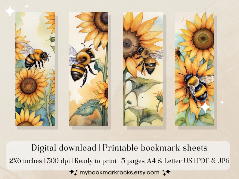 Set of 20 Watercolor "sunflowers & Bees" Printable Bookmarks, Cute ...