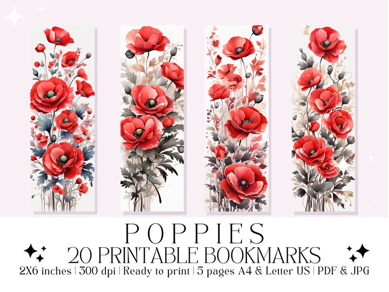 Set of 20 Watercolor "poppies" Printable Bookmarks, Floral Designs ...